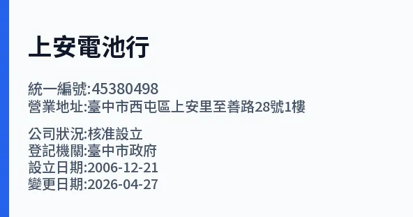 上安電池行的照片-統編 45380498(臺中市) 公司登記資料與營業項目詳細圖表