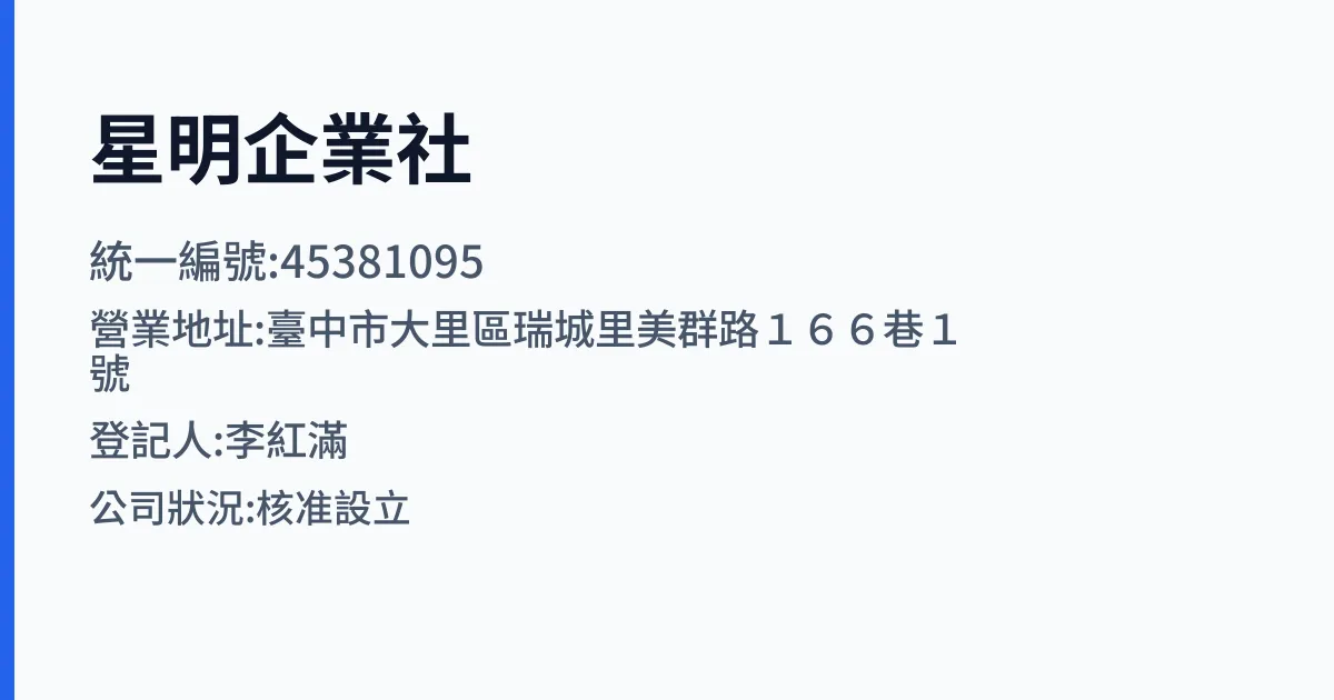 星明企業社 - 統編 45381095(臺中市) 公司登記資料與營業項目詳細圖表