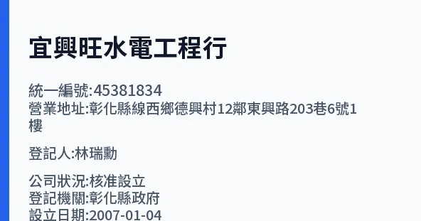 宜興旺水電工程行的照片-統編 45381834(彰化縣) 公司登記資料與營業項目詳細圖表