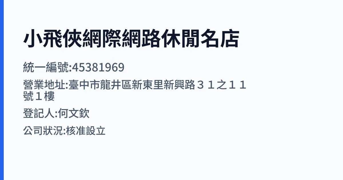 小飛俠網際網路休閒名店 - 統編 45381969（臺中市） 公司登記資料與營業項目詳細圖表