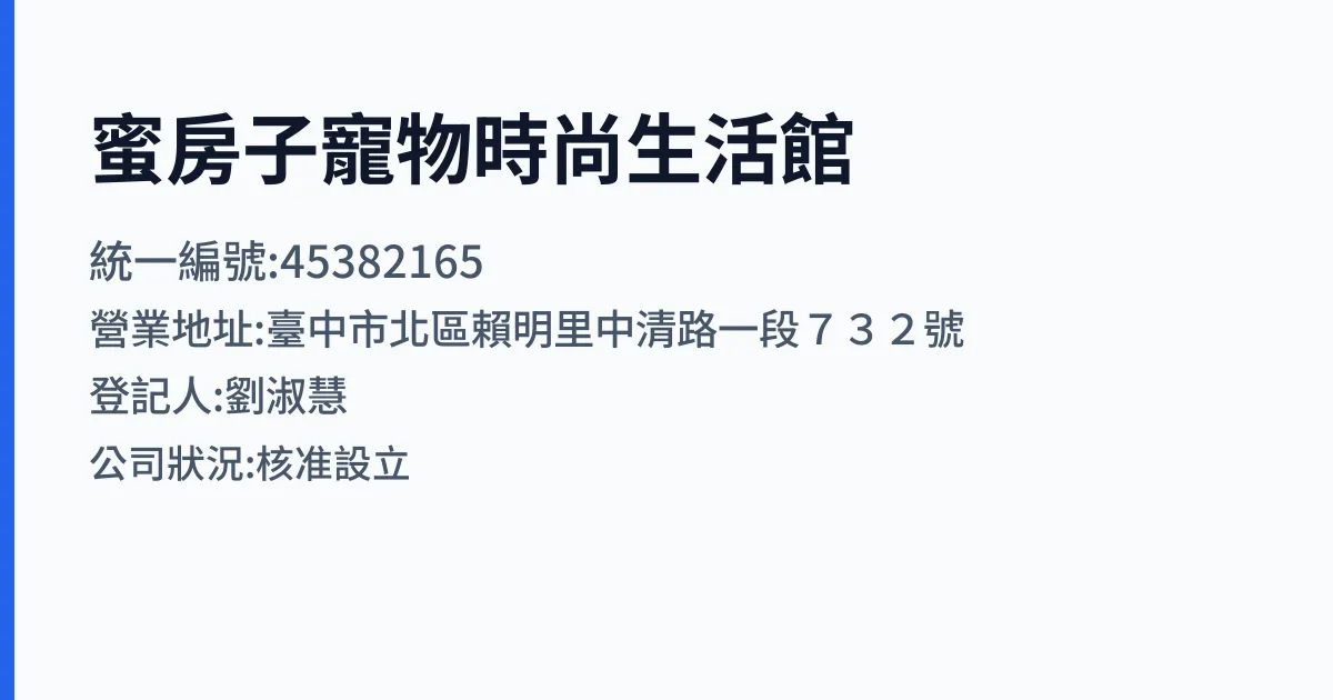 蜜房子寵物時尚生活館 - 統編 45382165(臺中市) 公司登記資料與營業項目詳細圖表
