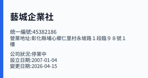 藝城企業社的照片-統編 45382186(彰化縣) 公司登記資料與營業項目詳細圖表