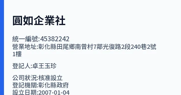 圓如企業社的照片-統編 45382242(彰化縣) 公司登記資料與營業項目詳細圖表