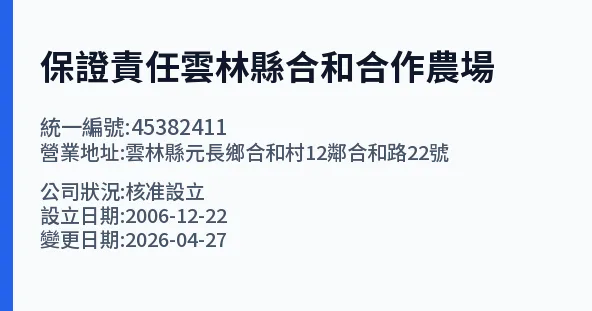 保證責任雲林縣合和合作農場的照片-統編 45382411(雲林縣) 公司登記資料與營業項目詳細圖表