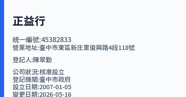 正益行的照片-統編 45382833(臺中市) 公司登記資料與營業項目詳細圖表