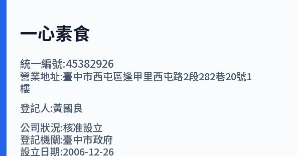 一心素食的照片-統編 45382926(臺中市) 公司登記資料與營業項目詳細圖表