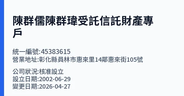 陳群儒陳群瑋受託信託財產專戶的照片-統編 45383615(彰化縣) 公司登記資料與營業項目詳細圖表