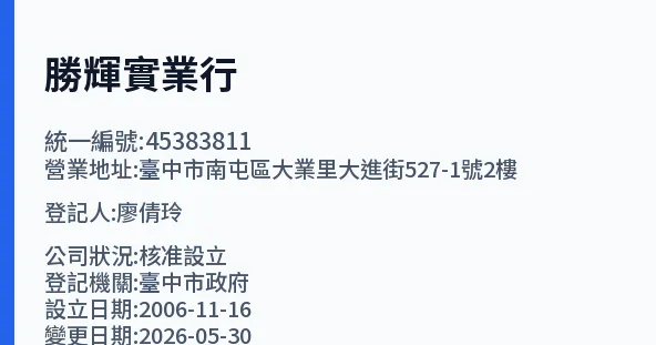 勝輝實業行的照片-統編 45383811(臺中市) 公司登記資料與營業項目詳細圖表
