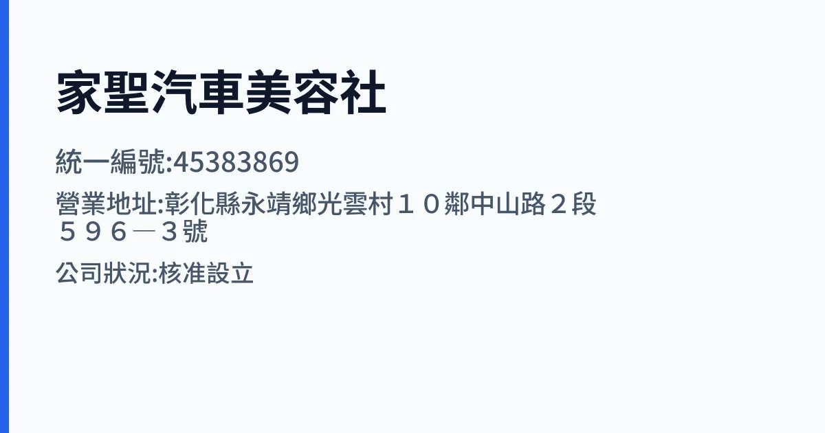 家聖汽車美容社 - 統編 45383869(彰化縣) 公司登記資料與營業項目詳細圖表