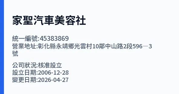 家聖汽車美容社的照片-統編 45383869(彰化縣) 公司登記資料與營業項目詳細圖表