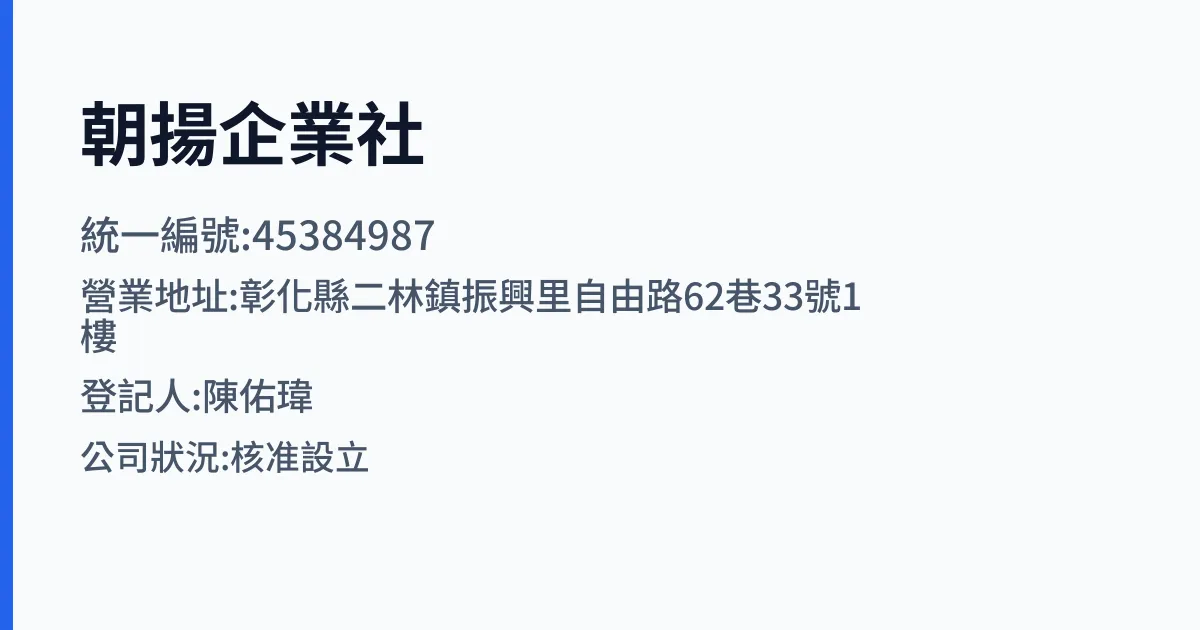 朝揚企業社 - 統編 45384987(彰化縣) 公司登記資料與營業項目詳細圖表