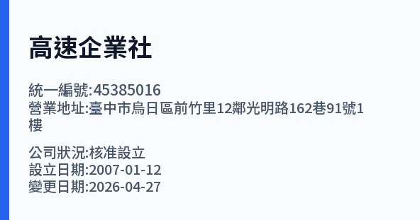 高速企業社的照片-統編 45385016(臺中市) 公司登記資料與營業項目詳細圖表