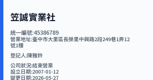 笠誠實業社的照片-統編 45386789(臺中市) 公司登記資料與營業項目詳細圖表