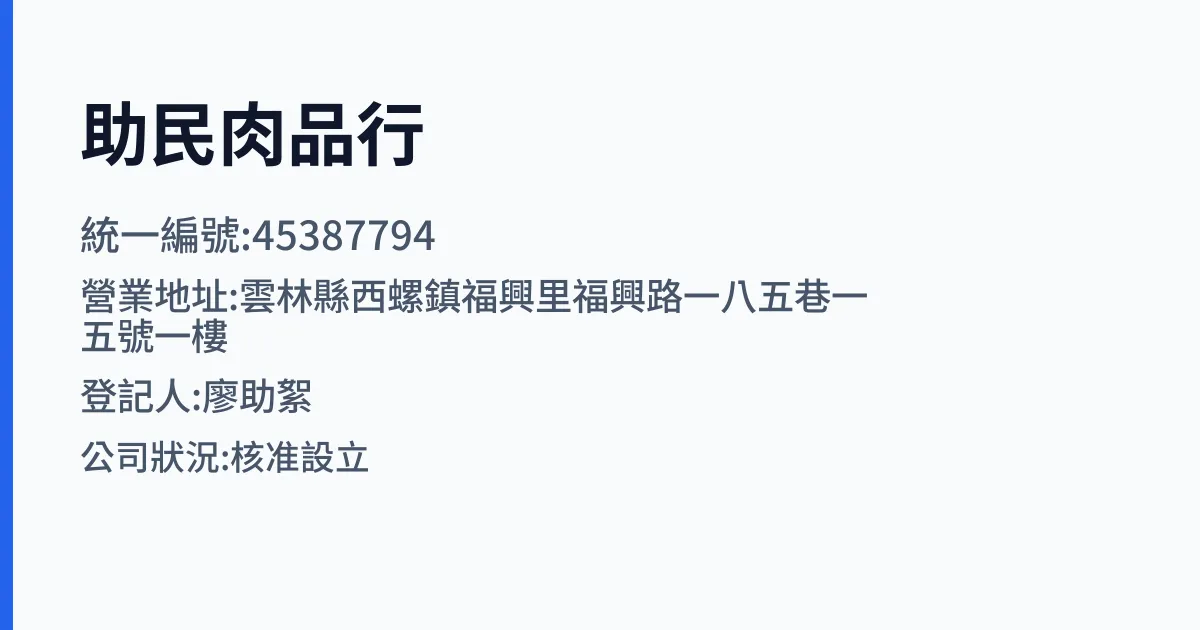 助民肉品行 - 統編 45387794(雲林縣) 公司登記資料與營業項目詳細圖表