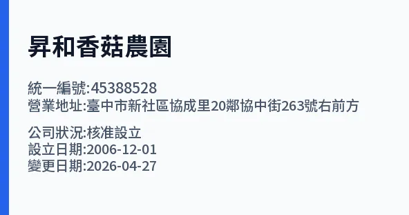 昇和香菇農園的照片-統編 45388528(臺中市) 公司登記資料與營業項目詳細圖表