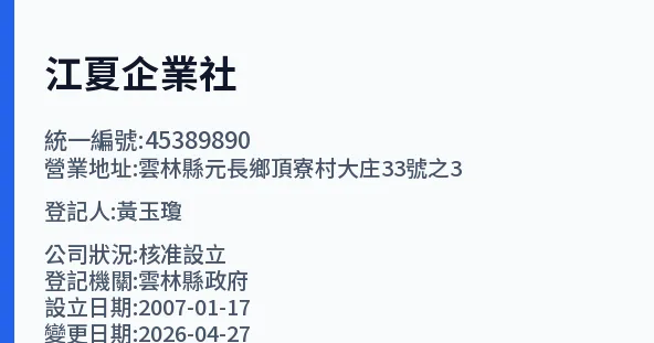 江夏企業社的照片-統編 45389890(雲林縣) 公司登記資料與營業項目詳細圖表