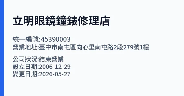 立明眼鏡鐘錶修理店的照片-統編 45390003(臺中市) 公司登記資料與營業項目詳細圖表