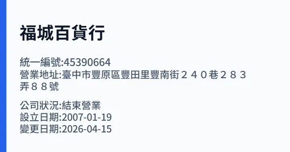 福城百貨行的照片-統編 45390664(臺中市) 公司登記資料與營業項目詳細圖表
