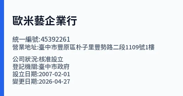 歐米藝企業行的照片-統編 45392261(臺中市) 公司登記資料與營業項目詳細圖表