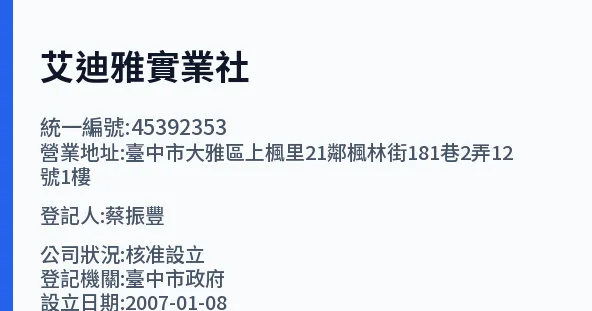 艾迪雅實業社的照片-統編 45392353(臺中市) 公司登記資料與營業項目詳細圖表