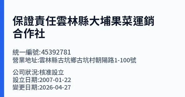 保證責任雲林縣大埔果菜運銷合作社的照片-統編 45392781(雲林縣) 公司登記資料與營業項目詳細圖表