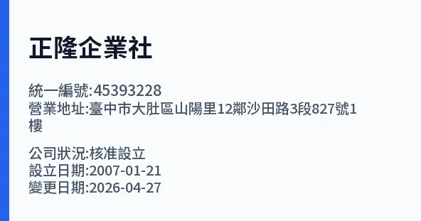 正隆企業社的照片-統編 45393228(臺中市) 公司登記資料與營業項目詳細圖表