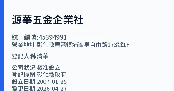 源華五金企業社的照片-統編 45394991(彰化縣) 公司登記資料與營業項目詳細圖表
