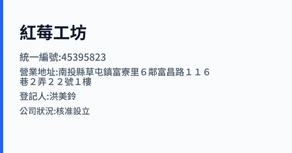 紅莓工坊 - 統編 45395823(南投縣) 公司登記資料與營業項目詳細圖表