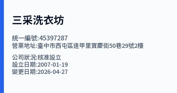 三采洗衣坊的照片-統編 45397287(臺中市) 公司登記資料與營業項目詳細圖表