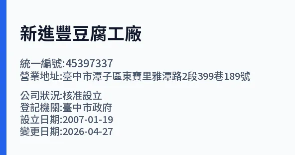 新進豐豆腐工廠的照片-統編 45397337(臺中市) 公司登記資料與營業項目詳細圖表