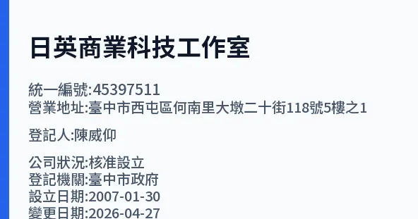 日英商業科技工作室的照片-統編 45397511(臺中市) 公司登記資料與營業項目詳細圖表