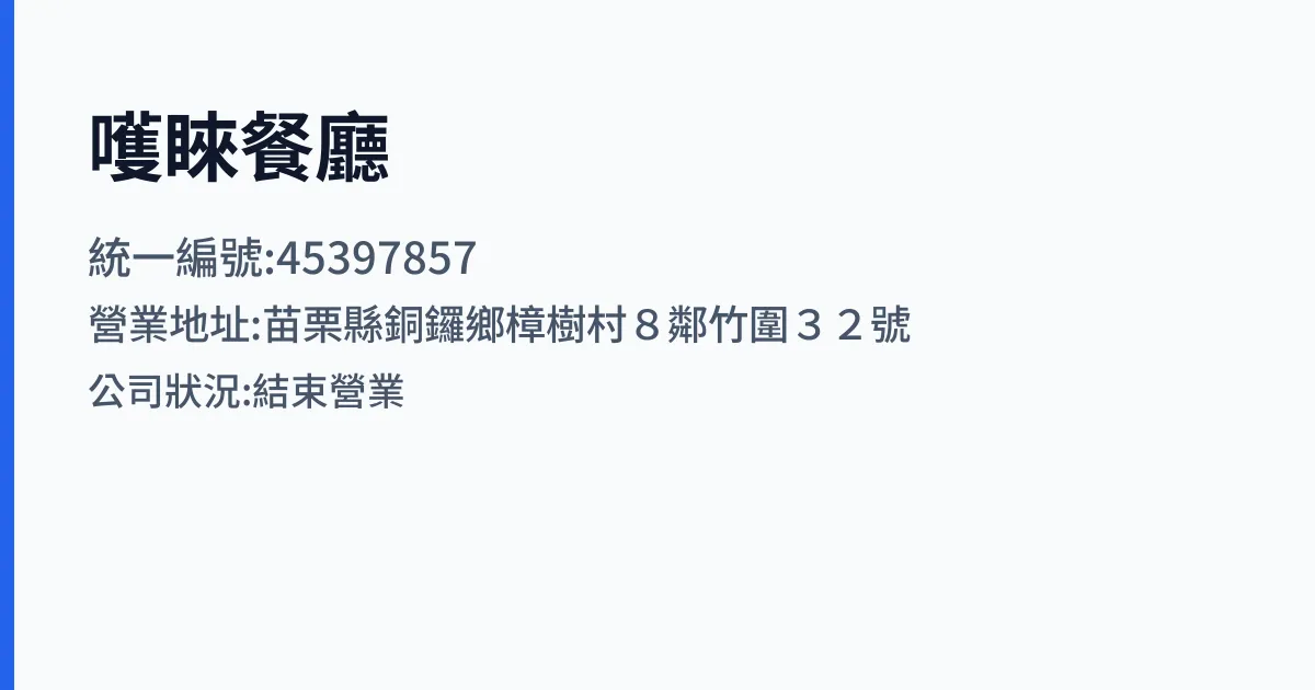 嚄睞餐廳 - 統編 45397857(苗栗縣) 公司登記資料與營業項目詳細圖表