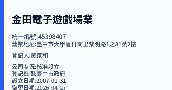 金田電子遊戲場業的照片-統編 45398407(臺中市) 公司登記資料與營業項目詳細圖表