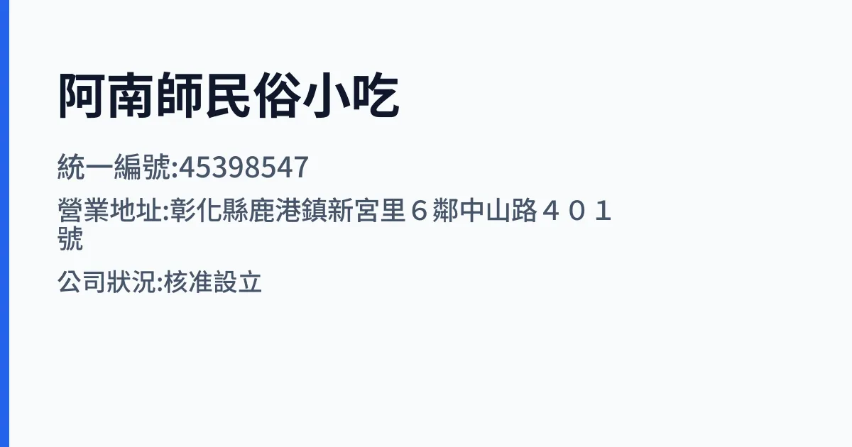 阿南師民俗小吃 - 統編 45398547(彰化縣) 公司登記資料與營業項目詳細圖表