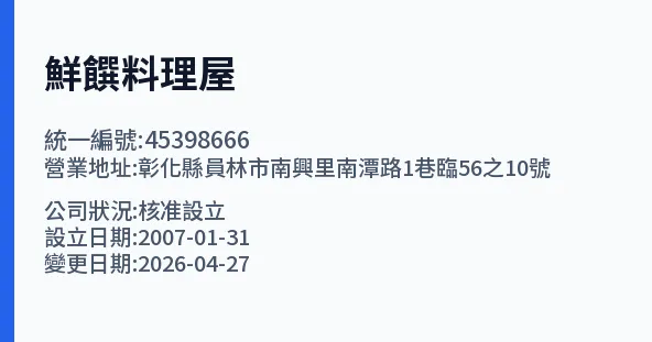 鮮饌料理屋的照片-統編 45398666(彰化縣) 公司登記資料與營業項目詳細圖表