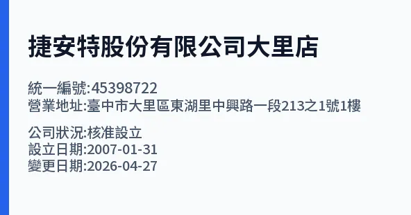 捷安特股份有限公司大里店的照片-統編 45398722(臺中市) 公司登記資料與營業項目詳細圖表