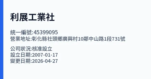 利展工業社的照片-統編 45399095(彰化縣) 公司登記資料與營業項目詳細圖表