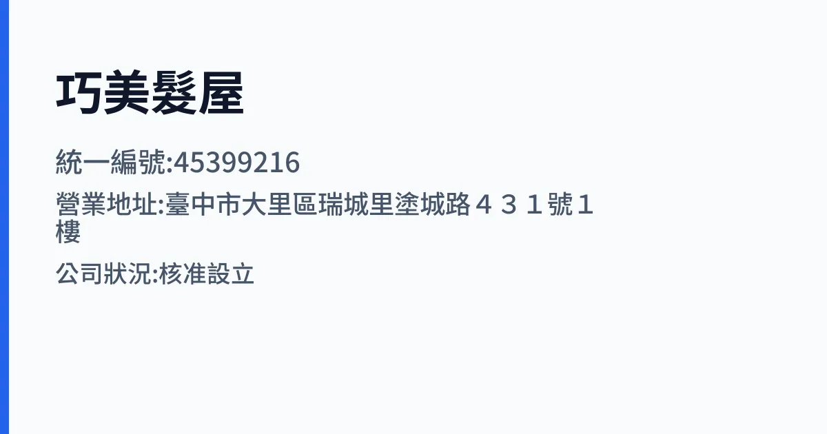 巧美髮屋 - 統編 45399216（臺中市） 公司登記資料與營業項目詳細圖表