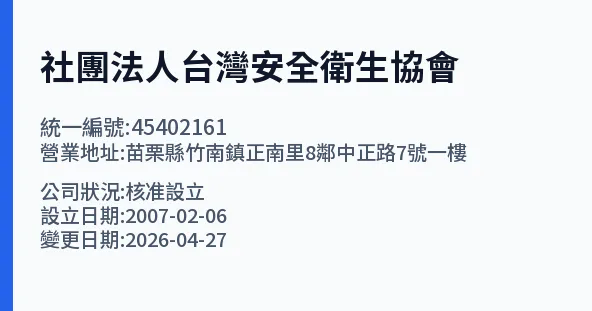 社團法人台灣安全衛生協會的照片-統編 45402161(苗栗縣) 公司登記資料與營業項目詳細圖表