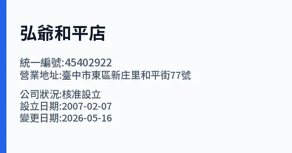 弘爺和平店的照片-統編 45402922(臺中市) 公司登記資料與營業項目詳細圖表
