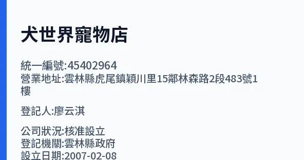 犬世界寵物店的照片-統編 45402964(雲林縣) 公司登記資料與營業項目詳細圖表