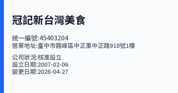 冠記新台灣美食的照片-統編 45403204(臺中市) 公司登記資料與營業項目詳細圖表