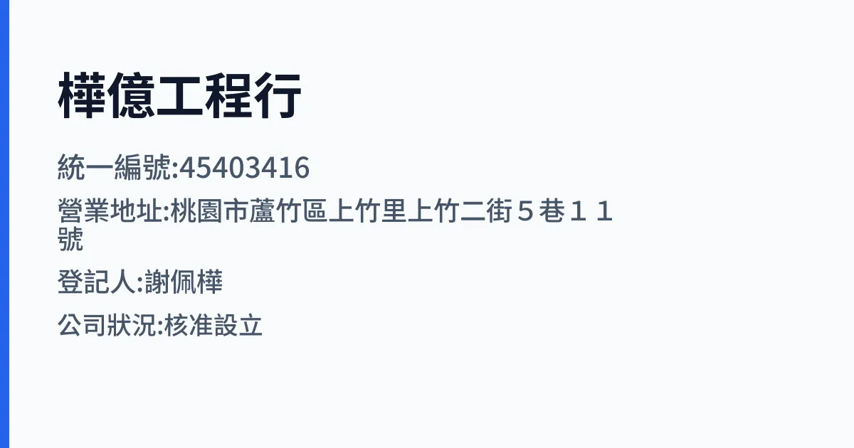 樺億工程行 - 統編 45403416(桃園市) 公司登記資料與營業項目詳細圖表