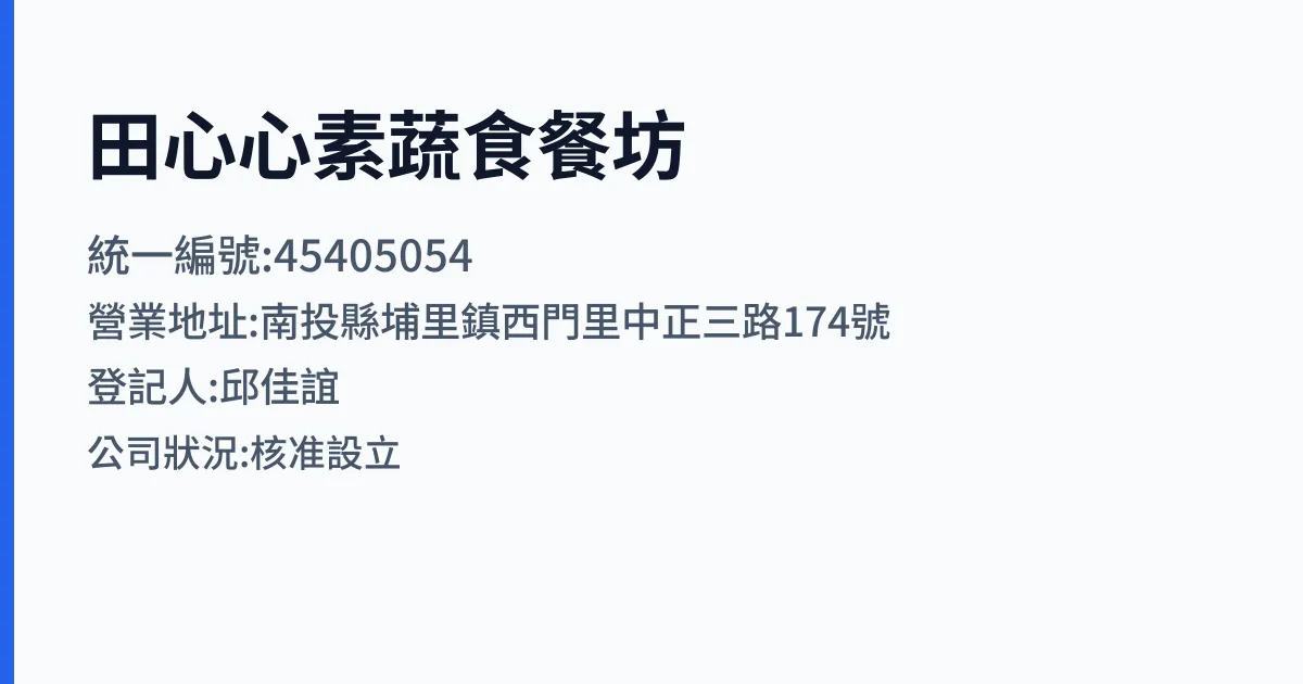 田心心素蔬食餐坊 - 統編 45405054(南投縣) 公司登記資料與營業項目詳細圖表