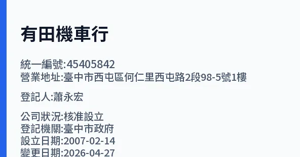 有田機車行的照片-統編 45405842(臺中市) 公司登記資料與營業項目詳細圖表