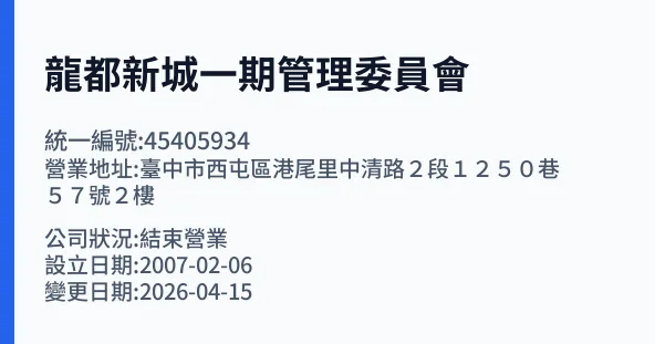 龍都新城一期管理委員會的照片-統編 45405934(臺中市) 公司登記資料與營業項目詳細圖表