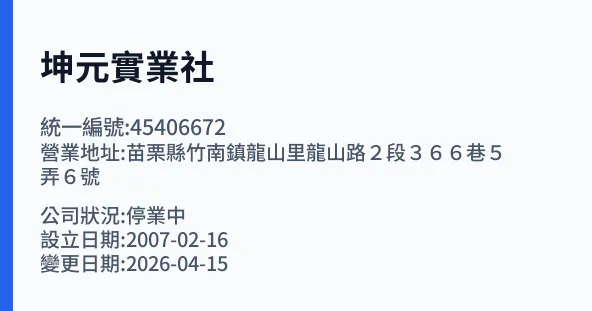 坤元實業社的照片-統編 45406672(苗栗縣) 公司登記資料與營業項目詳細圖表
