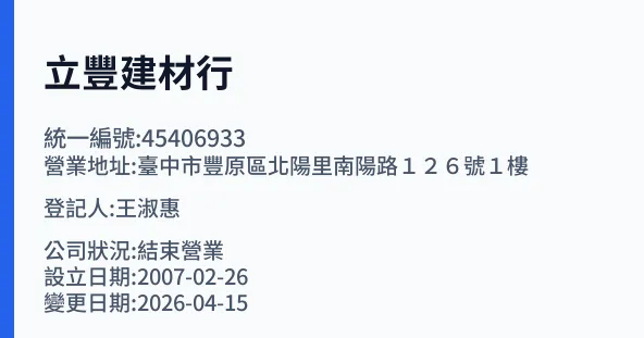立豐建材行的照片-統編 45406933(臺中市) 公司登記資料與營業項目詳細圖表