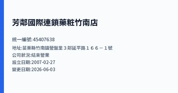 芳鄰國際連鎖藥粧竹南店的照片-統編 45407638(苗栗縣) 公司登記資料與營業項目詳細圖表