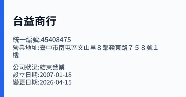 台益商行的照片-統編 45408475(臺中市) 公司登記資料與營業項目詳細圖表